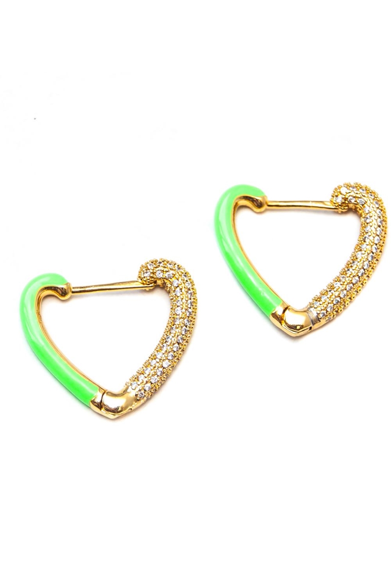 Argola Coração Esmaltado e Cravejado Verde com Banho em Ouro